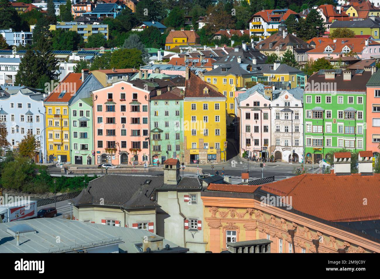 Mariahilfstrasse Innsbruck, view in summer of colorful buildings known ...