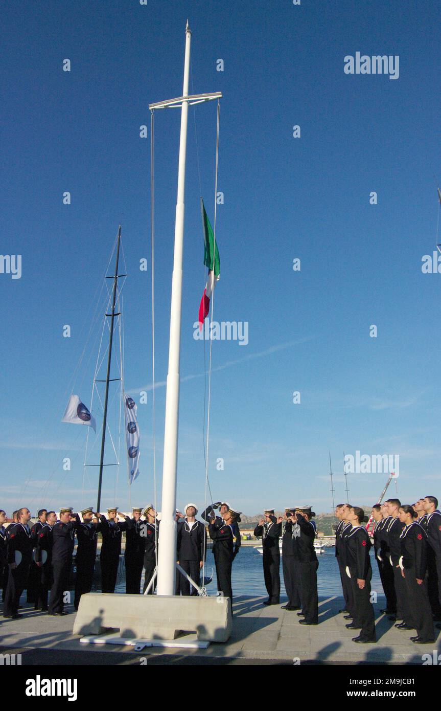 Italian young seamen during the flag raising ceremony in La Maddalena ...