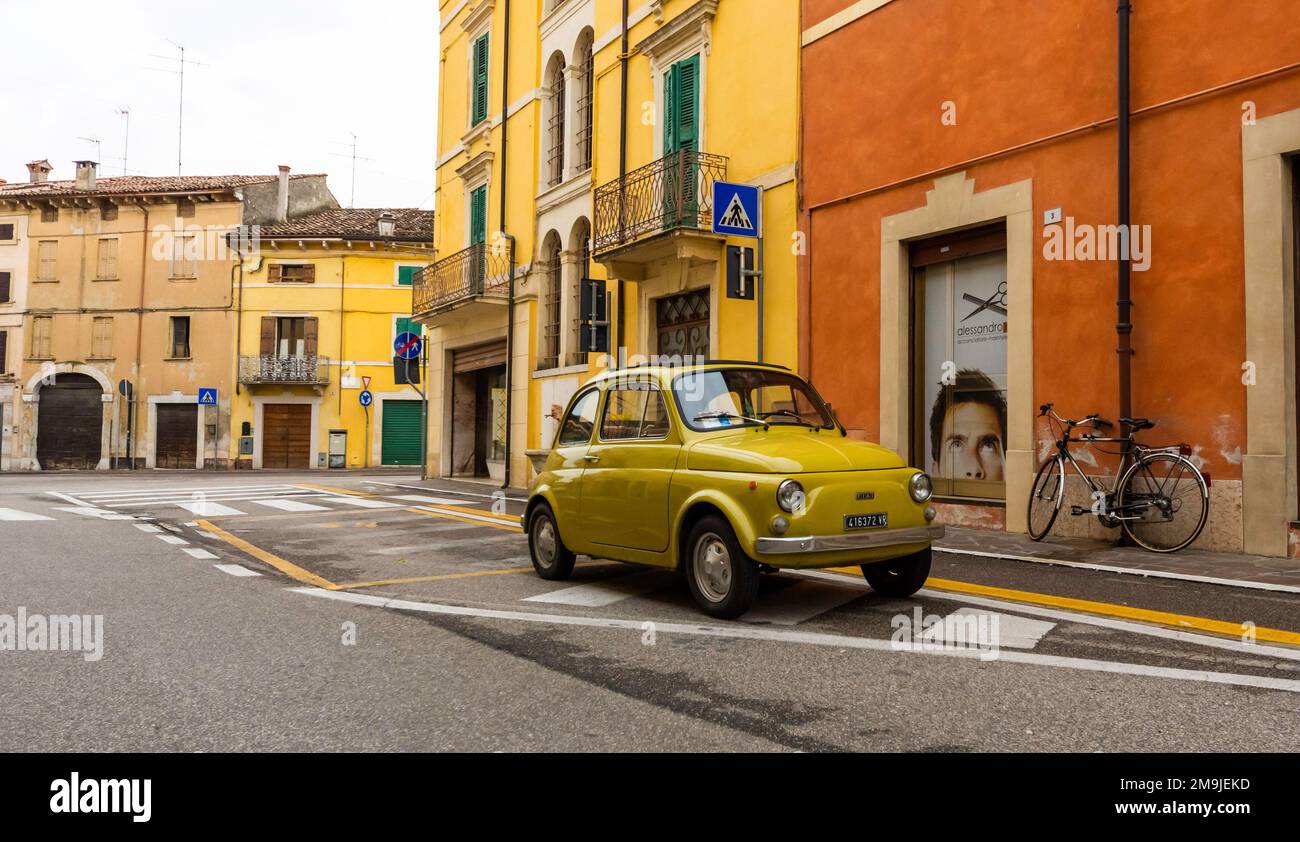 A Fiat 500 (Cinquecento) parked in a street in Borghetto, Italy Stock ...