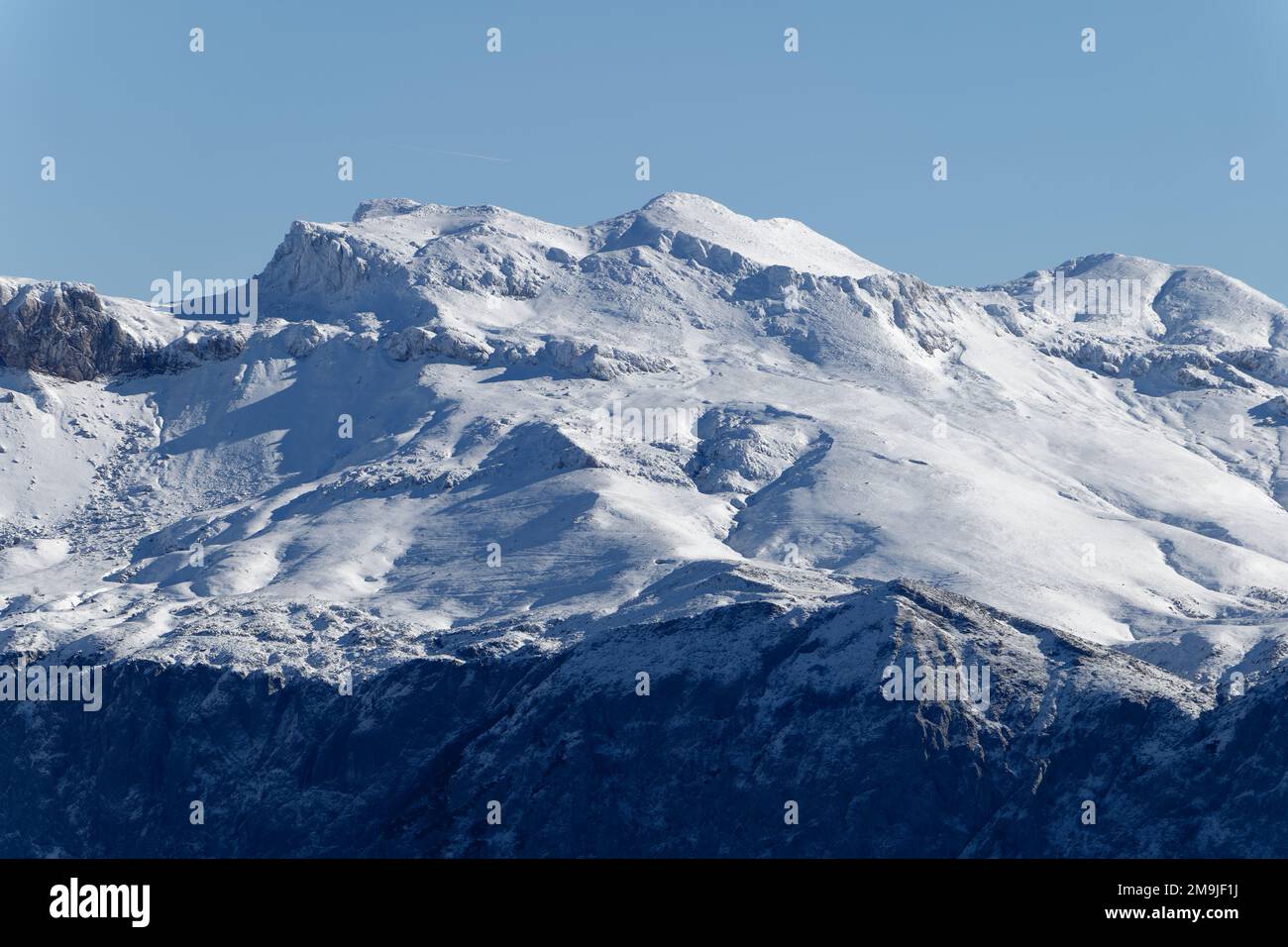 Amazing view of different mountain peaks with snow during winter ...