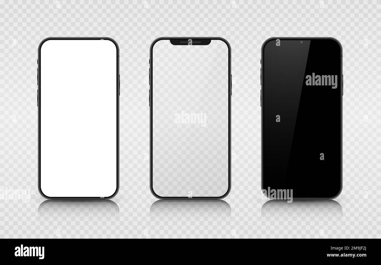A set of three smartphones with white, transparent and black screens ...