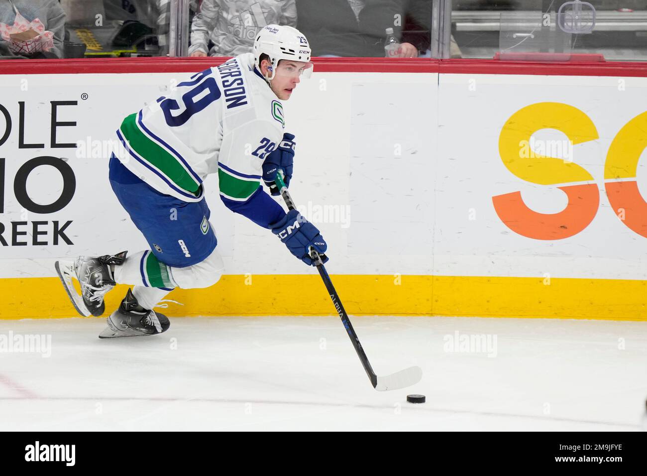 Vancouver Canucks center Lane Pederson takes the puck down the ice ...