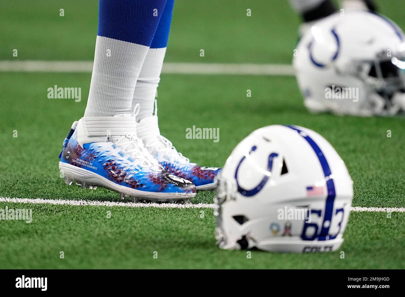 The cleats of Indianapolis Colts guard Danny Pinter are shown as he ...