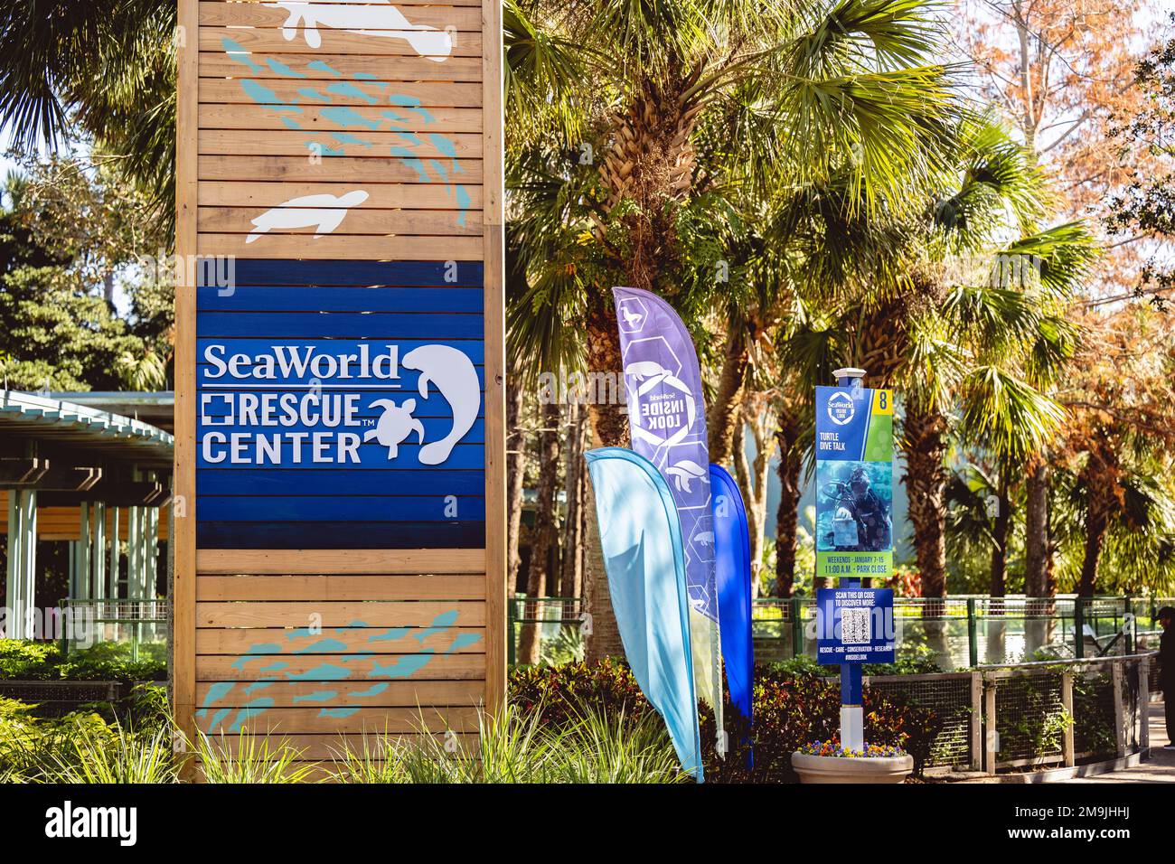 A wooden sign of the at Seaworld rescue center in Orlando, Florida ...