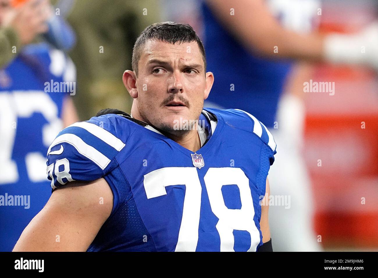 Indianapolis Colts center Ryan Kelly stretches during warmups before an ...