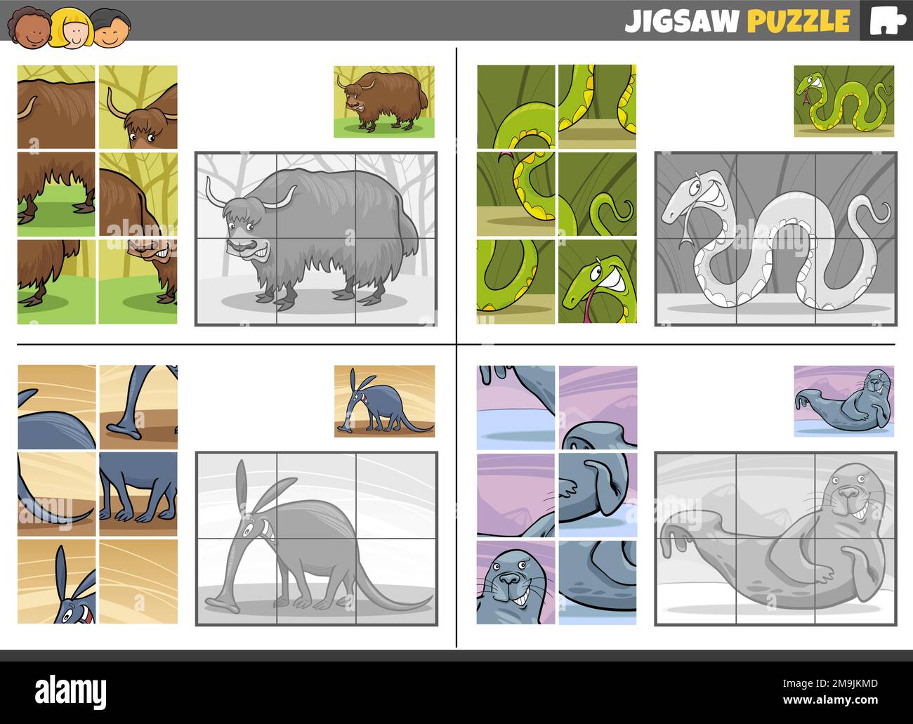 Cartoon illustration of educational jigsaw puzzle games set with funny ...