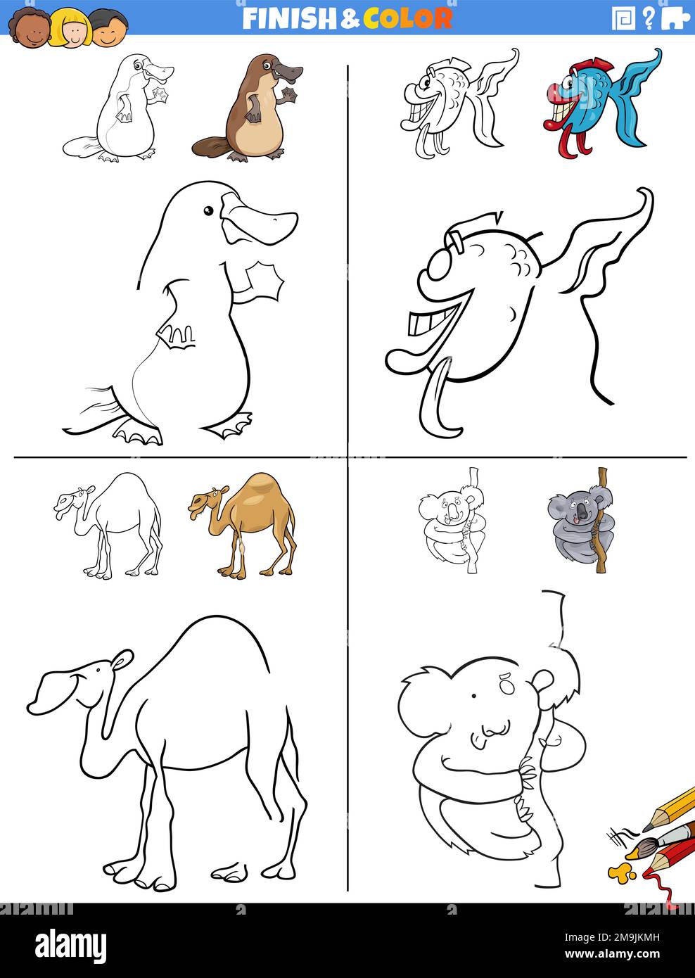 Cartoon illustration of drawing and coloring educational worksheet with ...