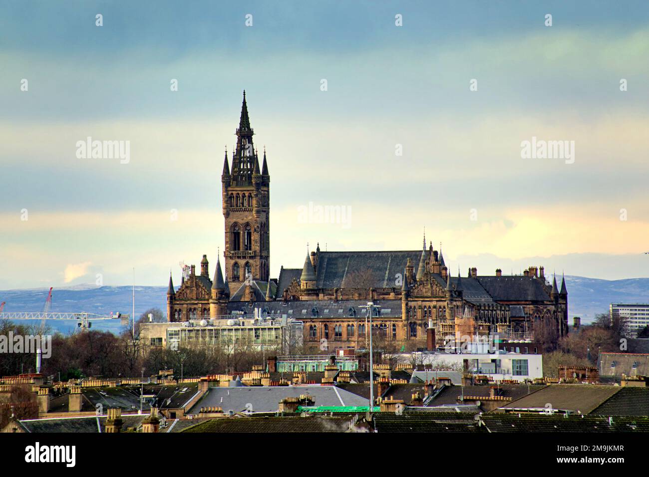 University of Glasgow main building gothic tower on Gilmore hill aerial ...