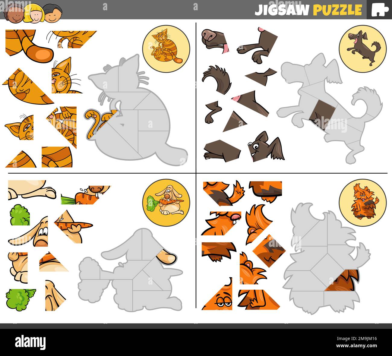 Cartoon illustration of educational jigsaw puzzle games set with funny ...