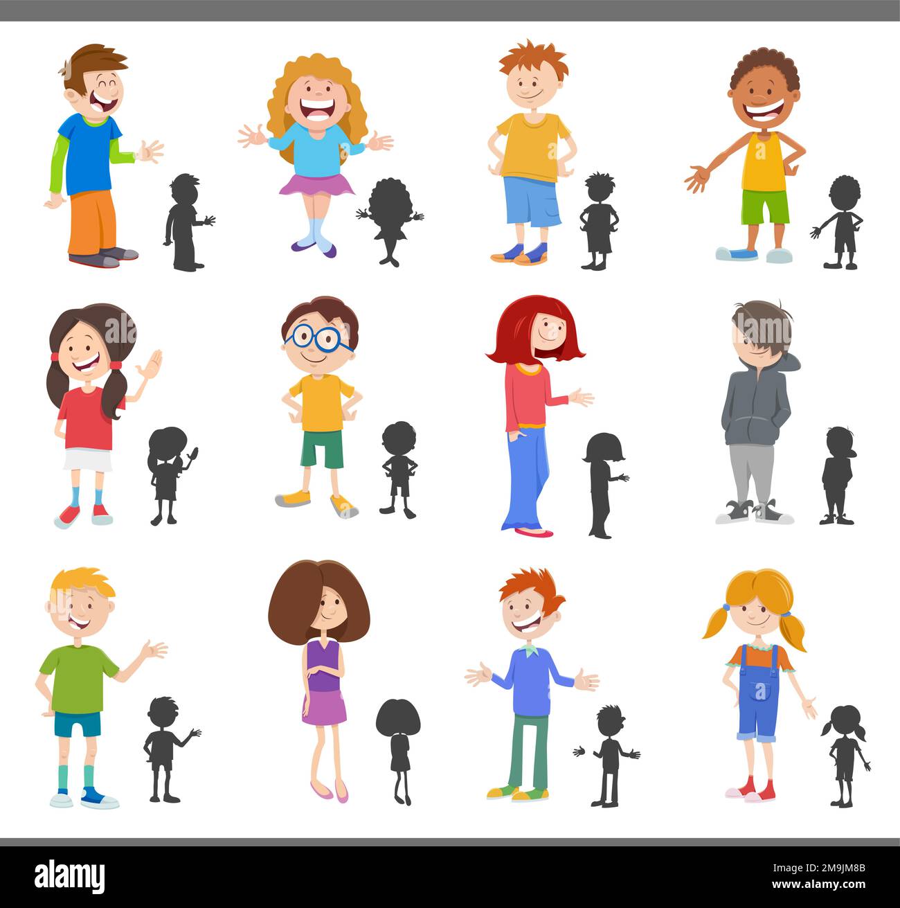 Cartoon illustration of happy kids and teenagers comic characters with ...
