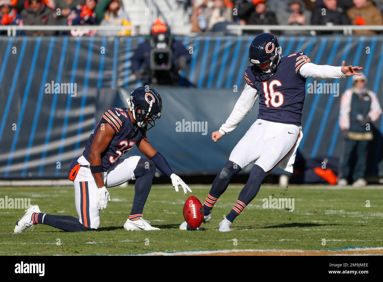 Chicago Bears punter Trenton Gill (16) kicks the ball during the first ...