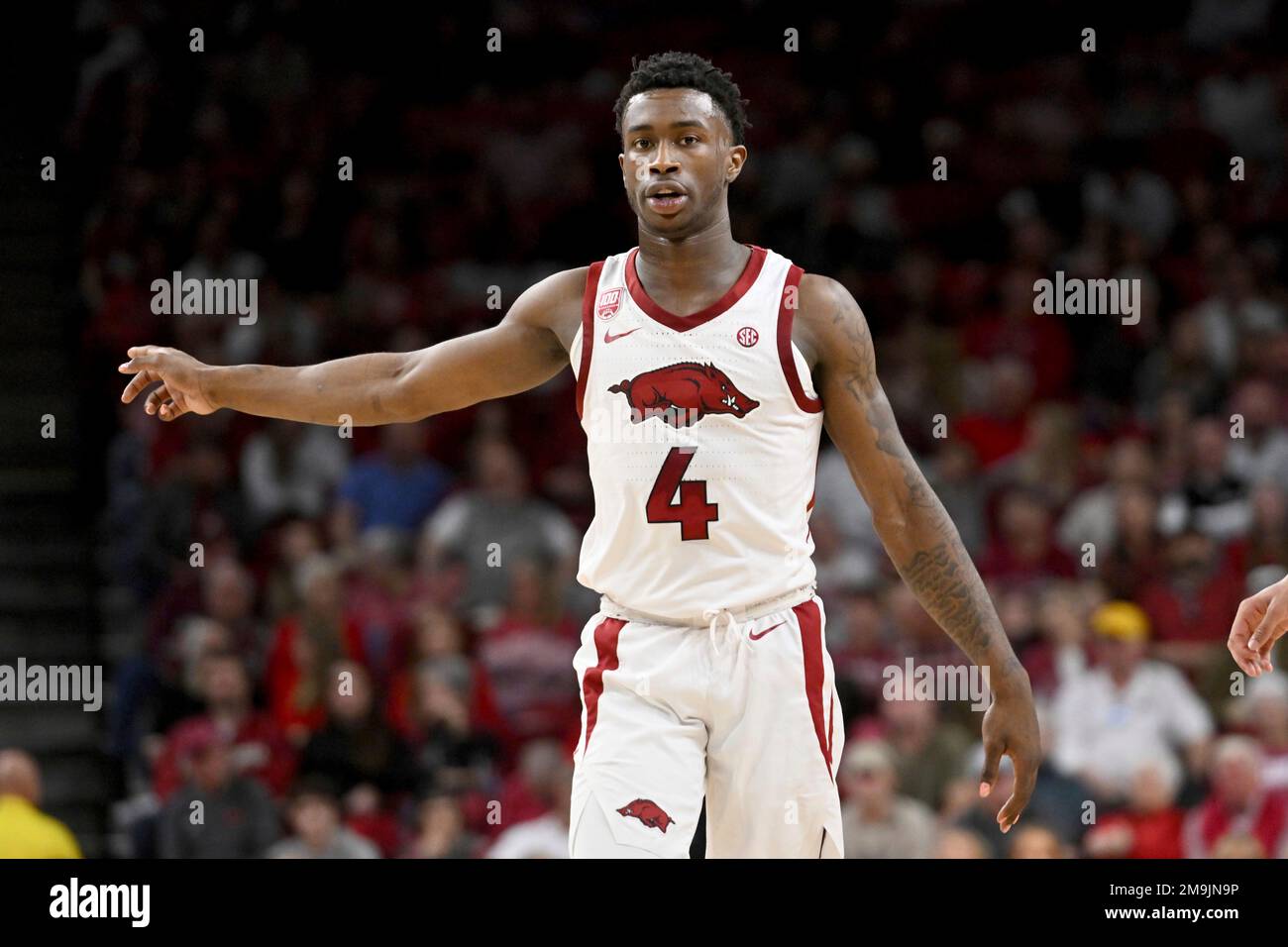 Arkansas guard Davonte Davis (4) runs a play against San Jose State ...