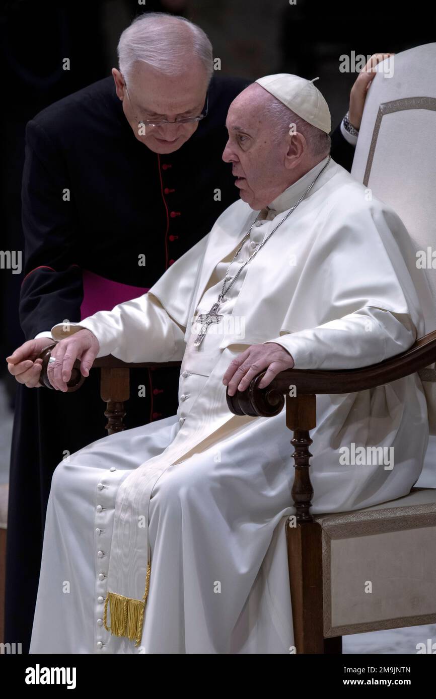 Vatican City, Vatican, 18 january, 2023. Pope Francis speaks with ...