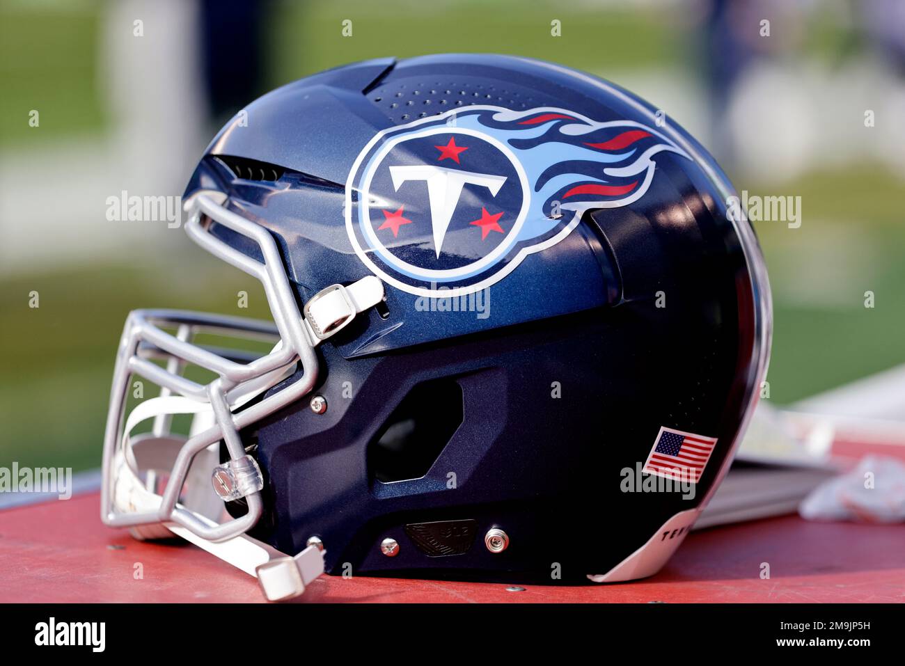 A Tennessee Titans football helmet on the field during an NFL football ...