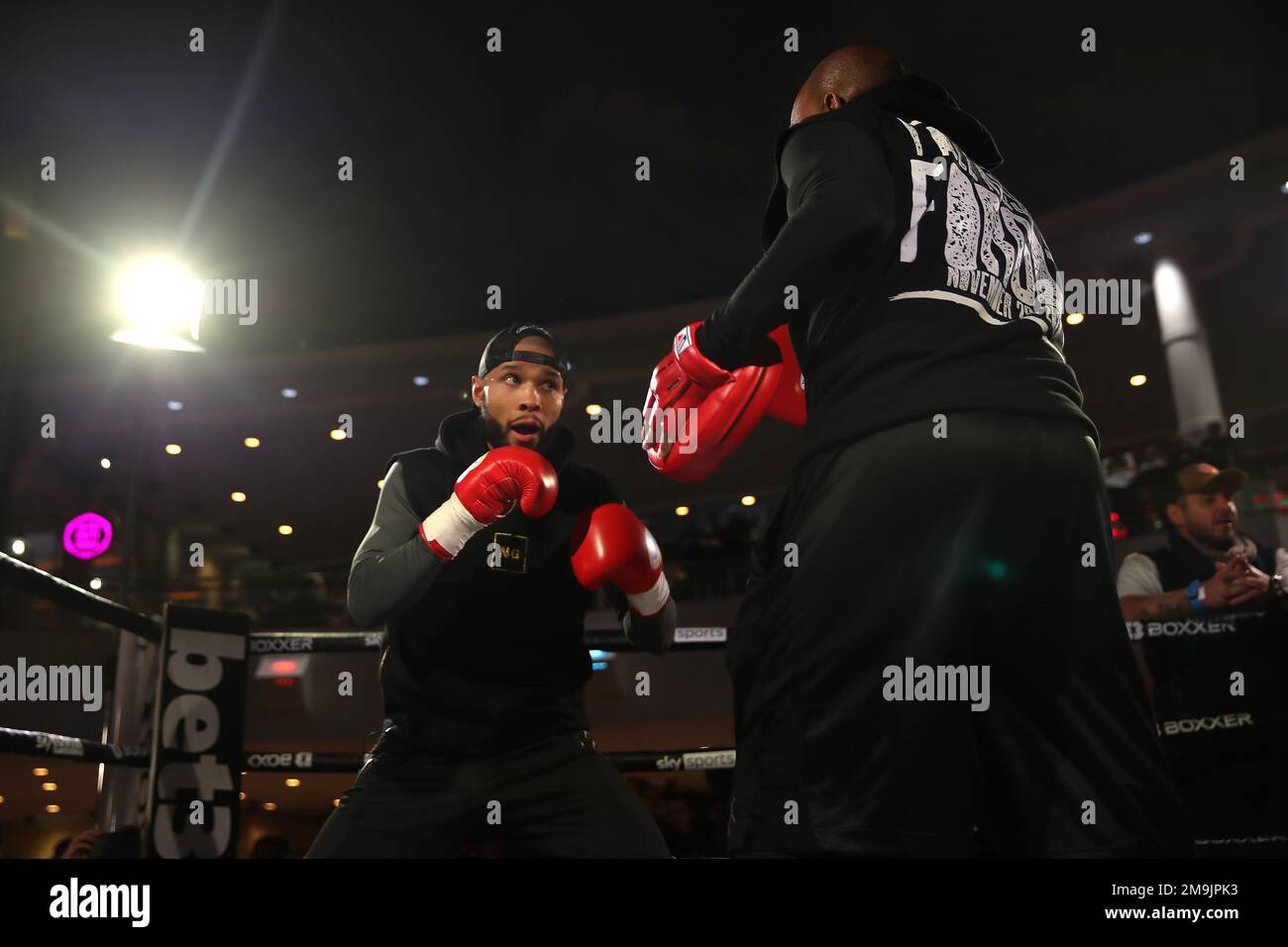 Boxer Chris Eubank Jr. (left) and trainer Roy Jones Jr. during a public ...