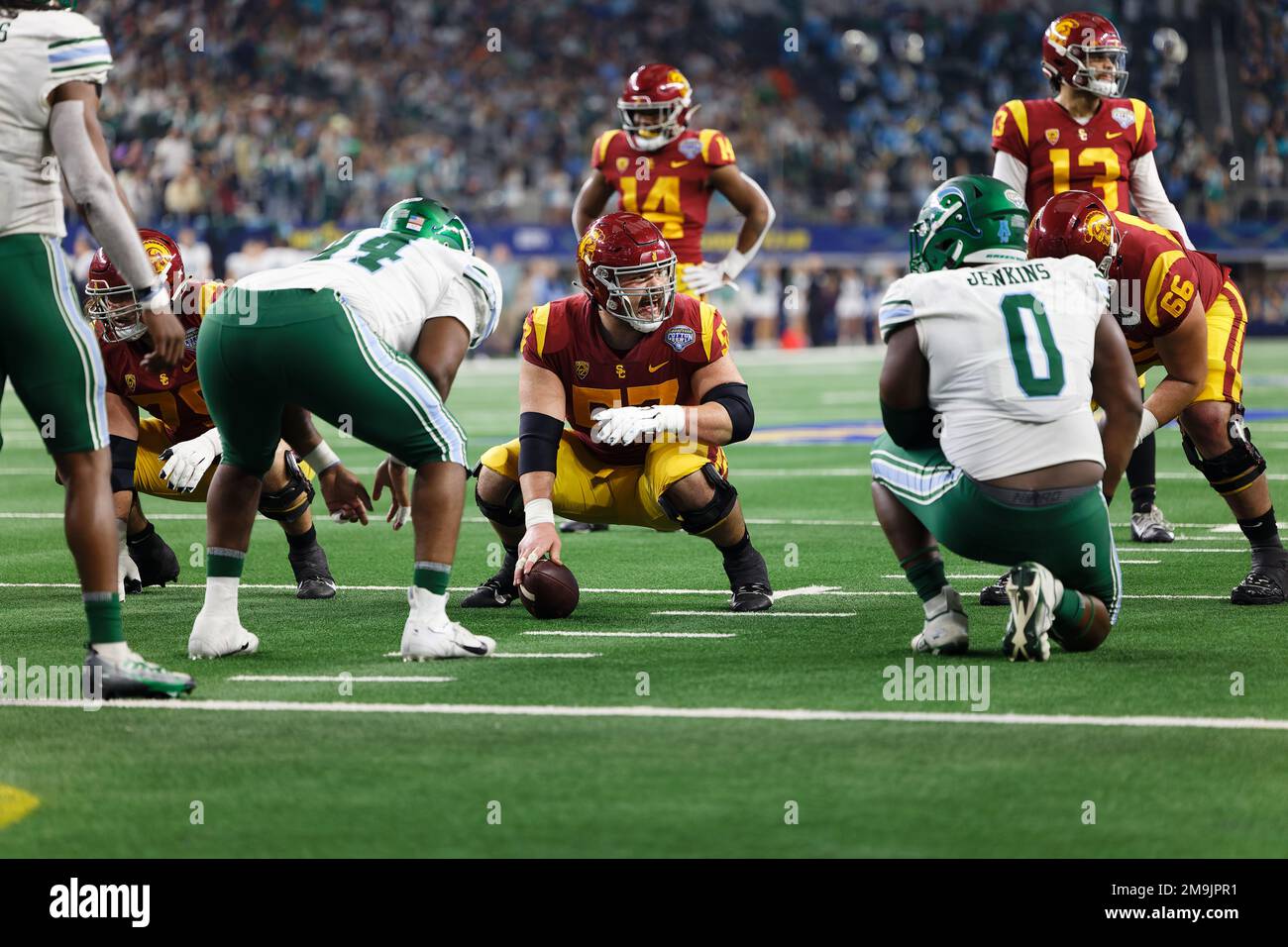 Southern California Trojans offensive lineman Justin Dedich (57) barks ...