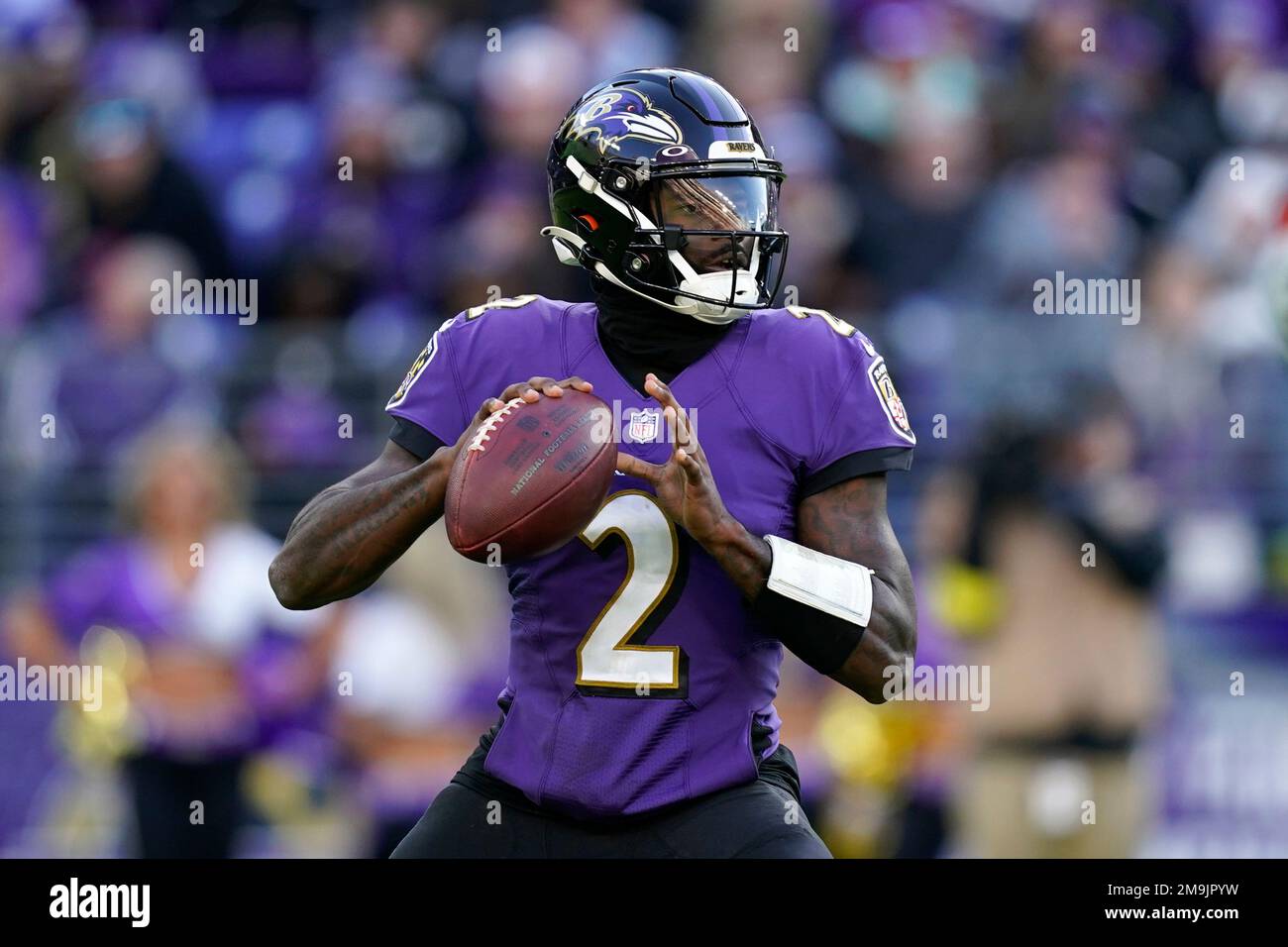 Baltimore Ravens quarterback Tyler Huntley looks for a receiver in the ...