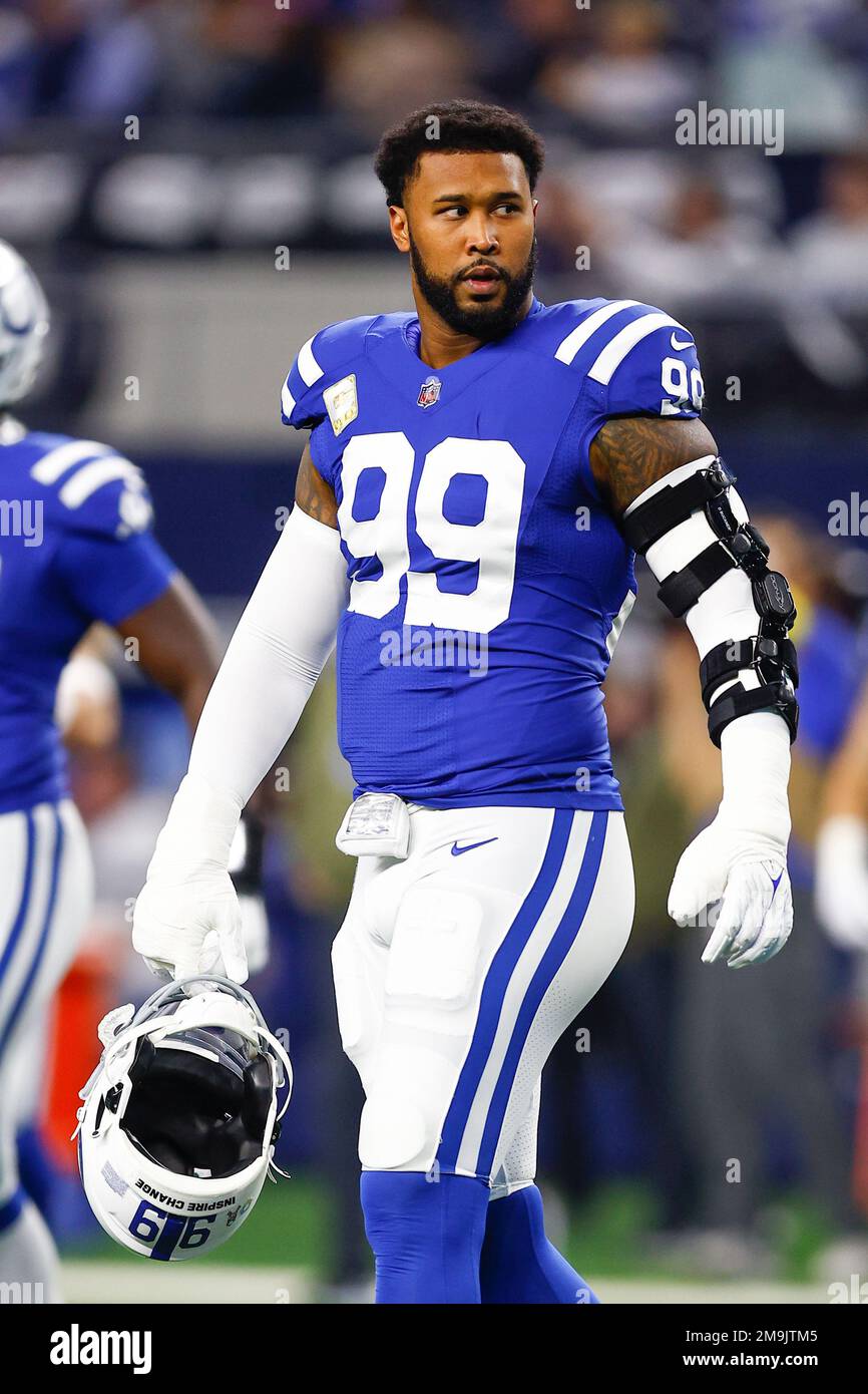 Indianapolis Colts defensive tackle DeForest Buckner (99) is seen before an NFL football game ...