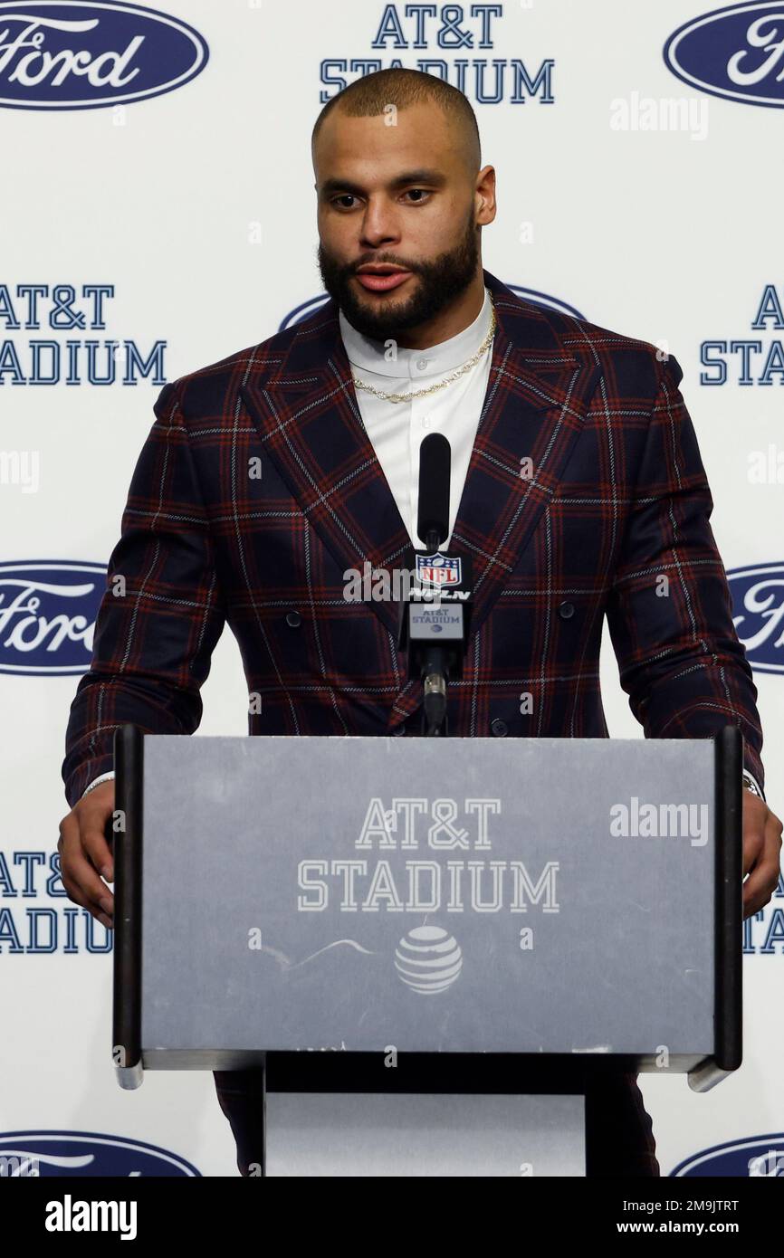 Dallas Cowboys quarterback Dak Prescott talks during a press conference ...