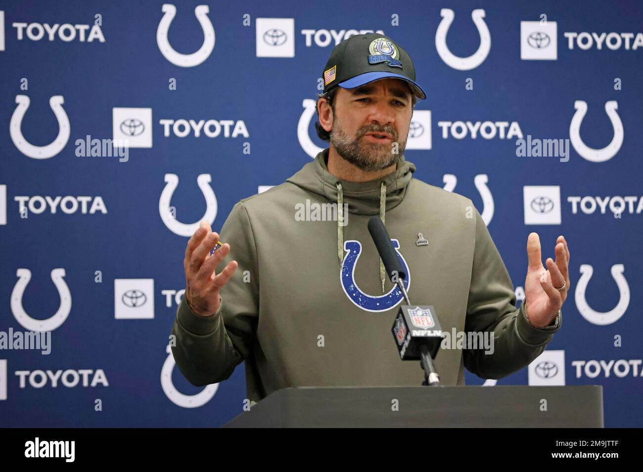 Indianapolis Colts head coach Jeff Saturday talks the media after they ...
