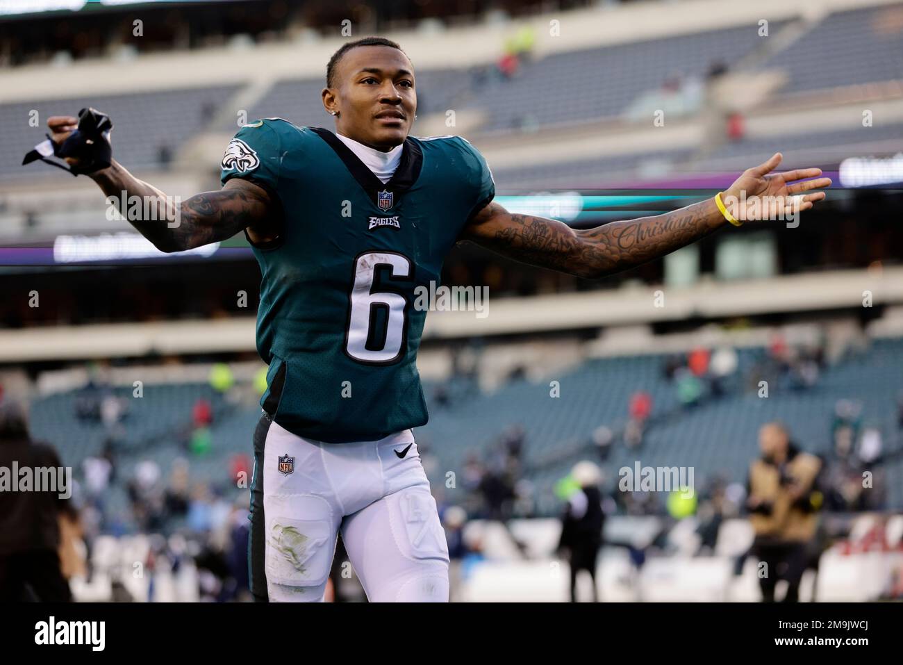 Philadelphia Eagles wide receiver DeVonta Smith (6) walks off the field ...