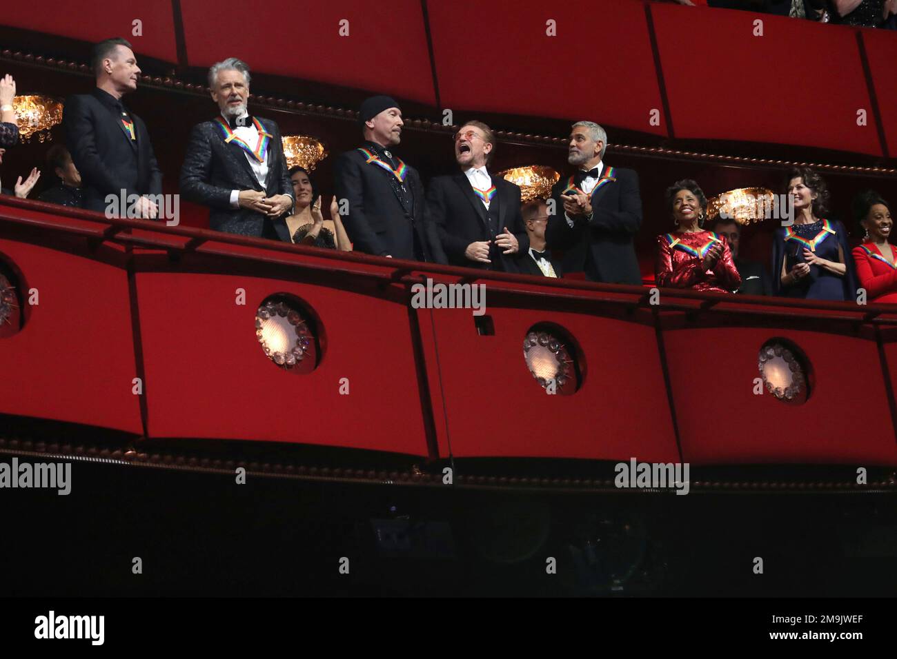2022 Kennedy Center Honorees, from left, Larry Mullen Jr., Adam Clayton, The Edge, Bono, George ...