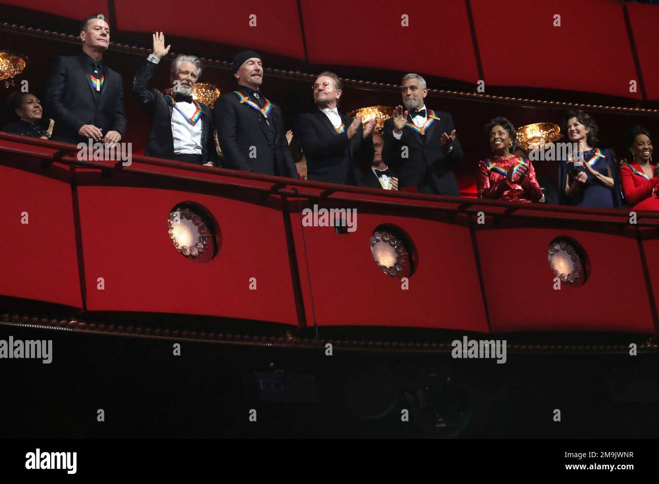 2022 Kennedy Center Honorees, from left, Larry Mullen Jr., Adam Clayton, The Edge, Bono, George ...