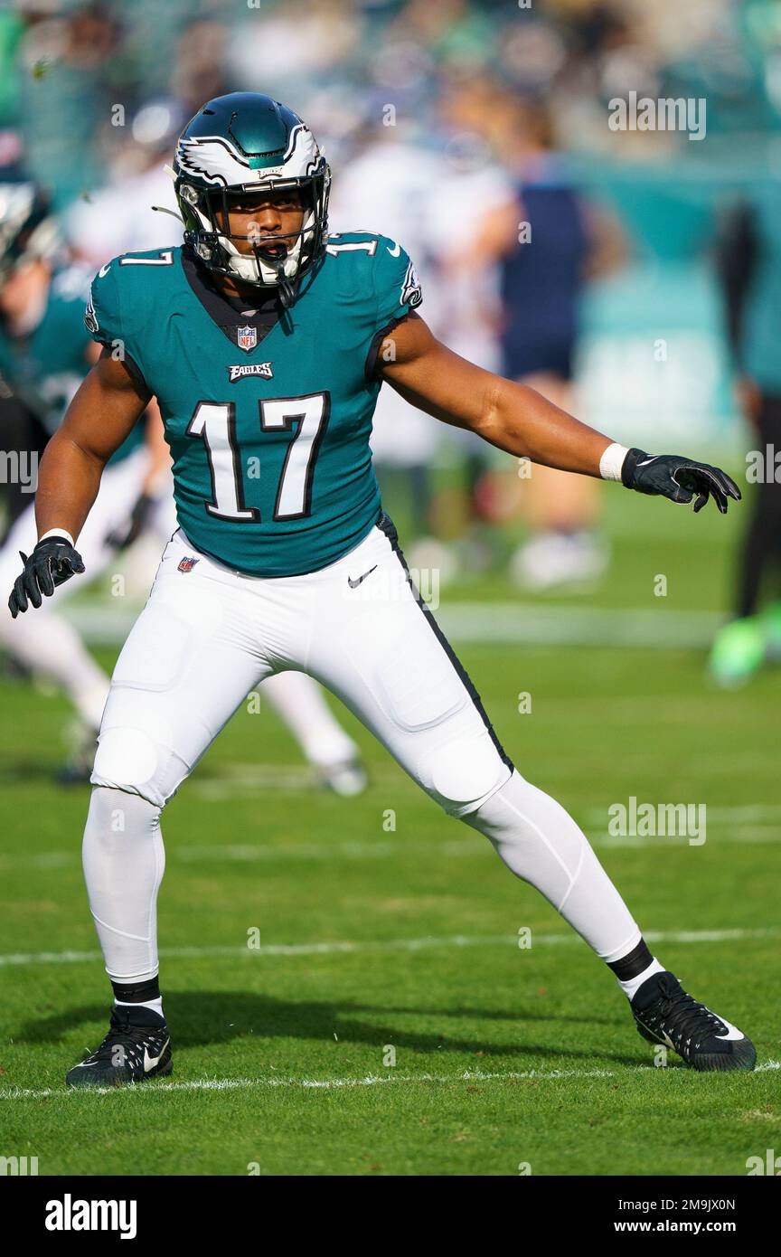 Philadelphia Eagles linebacker Nakobe Dean (17) in action prior to the ...