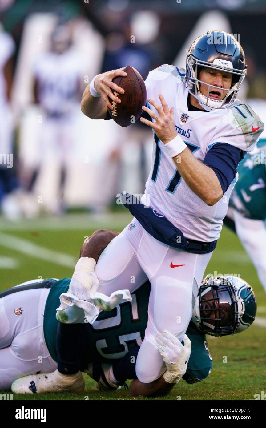 Tennessee Titans quarterback Ryan Tannehill (17) gets sacked by ...