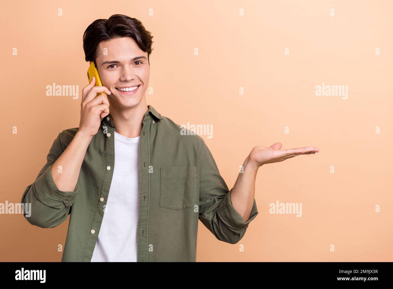 Closeup photo of young promoter student university calling his teacher ...