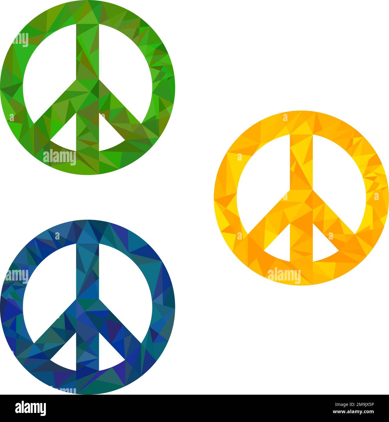 Set of three textured colored pacific peace signs in low polygonal ...