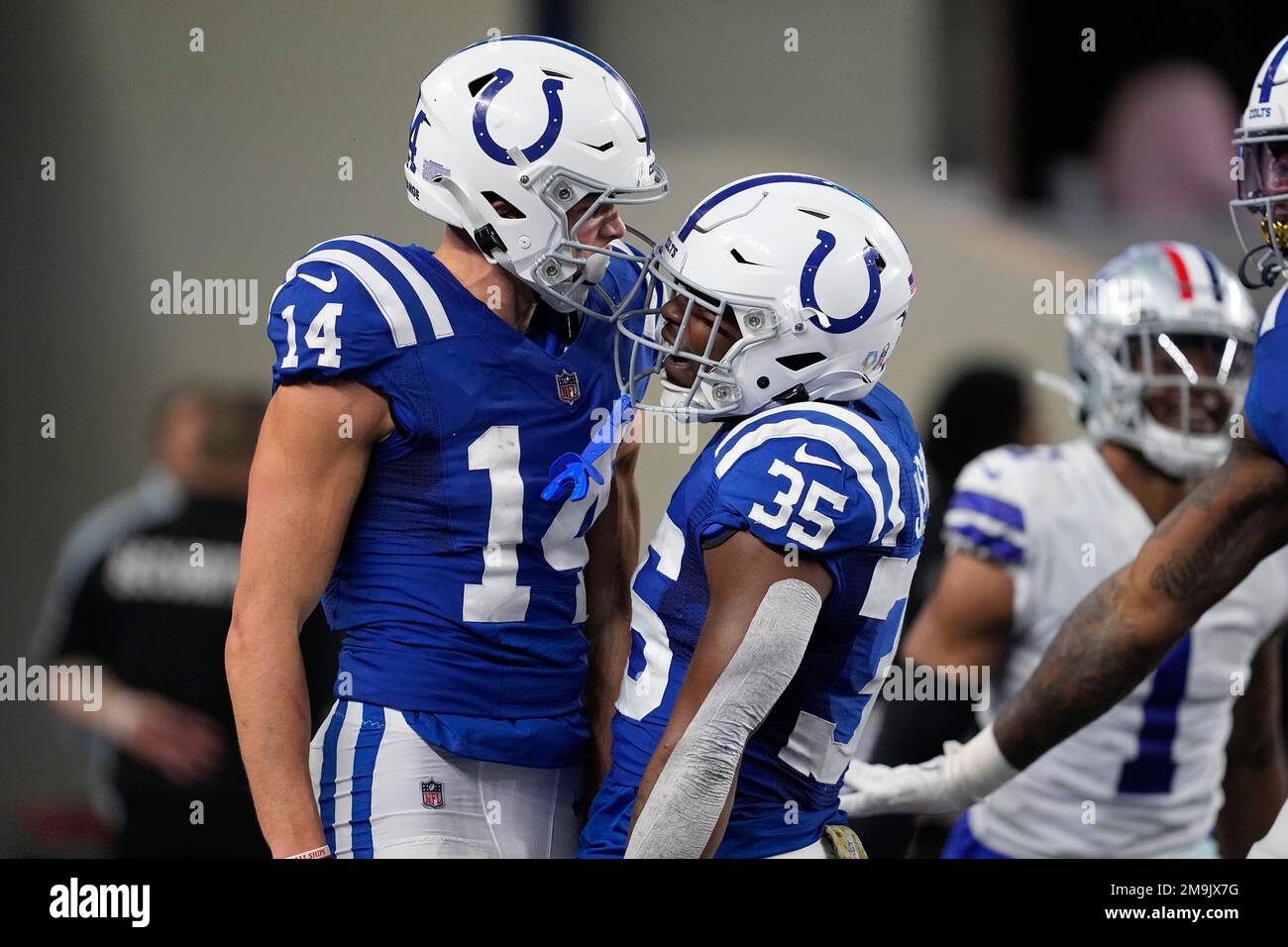 Indianapolis Colts' Alec Pierce (14) celebrates a touchdown with Deon ...