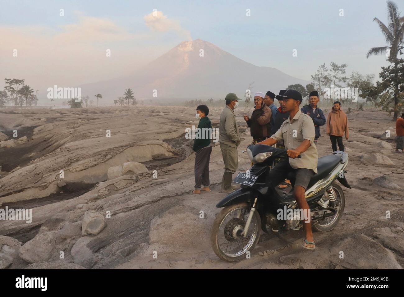 Villagers inspect an area affected by the eruption of Mount Semeru in ...