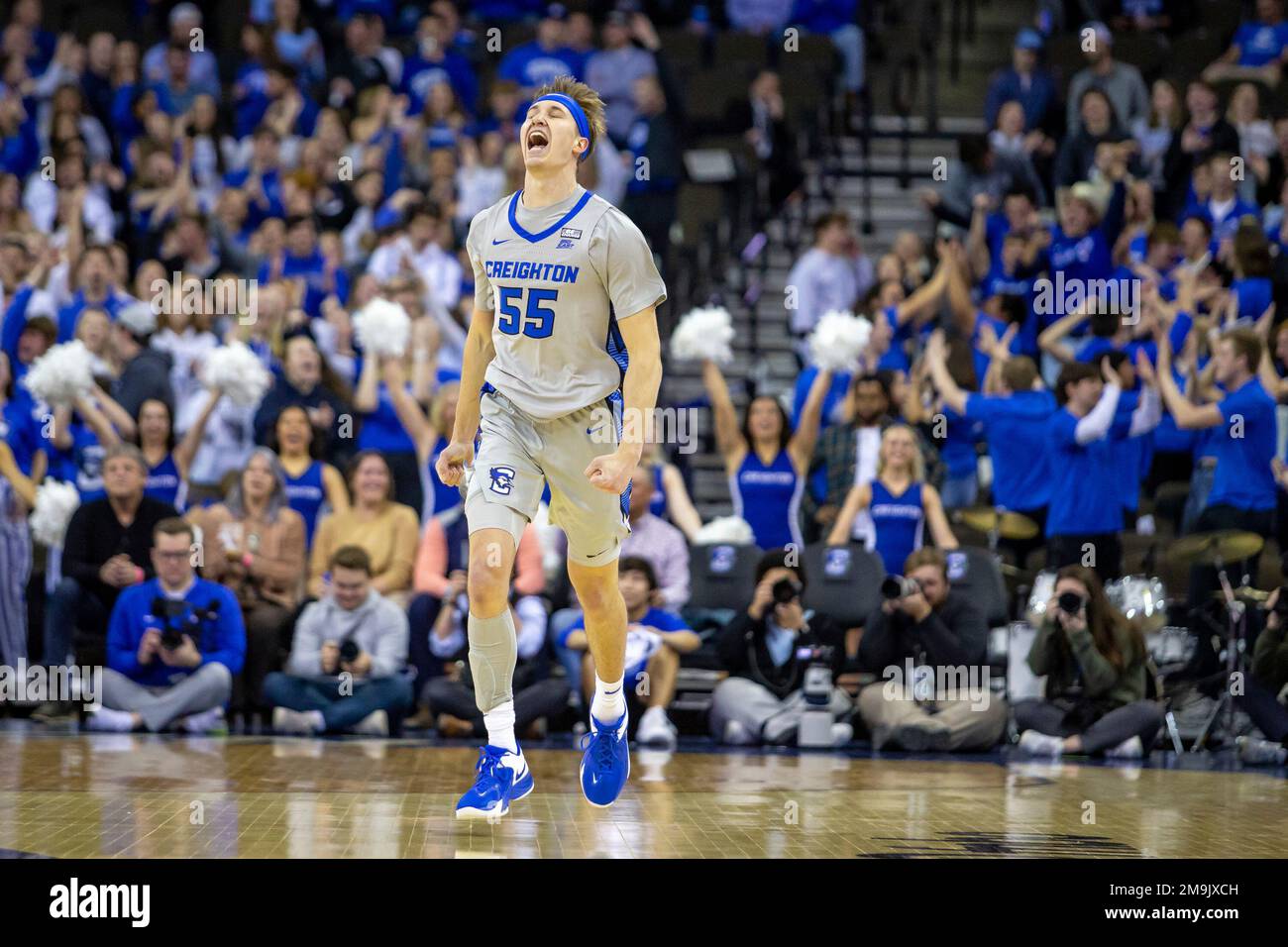 Creighton's Baylor Scheierman (55) celebrates his three point shot ...