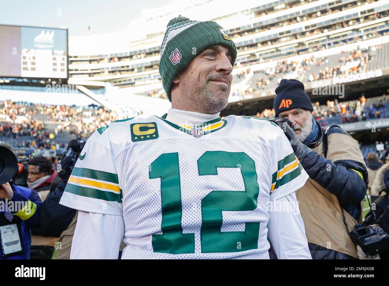 Green Bay Packers quarterback Aaron Rodgers (12) smiles after an NFL ...