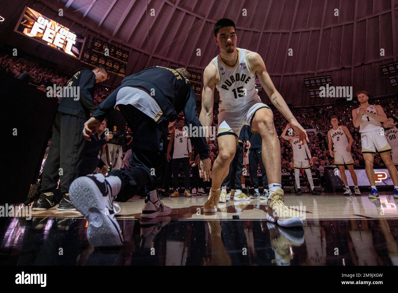 Purdue center Zach Edey (15) is introduced before the start of an NCAA ...