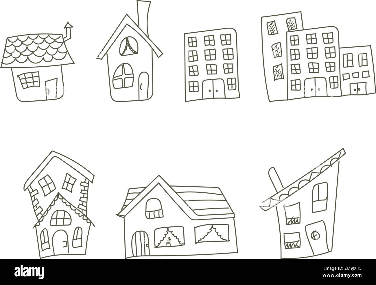 Set of isolated rural houses drawing by hand in outline contour style ...