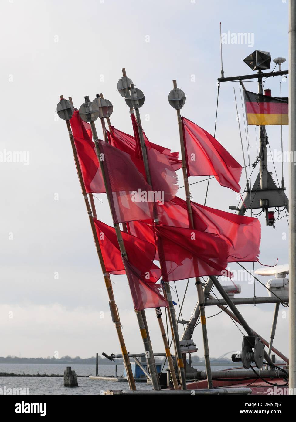 Marking flags for fish trap of a fisherman on a fishing boat in the ...
