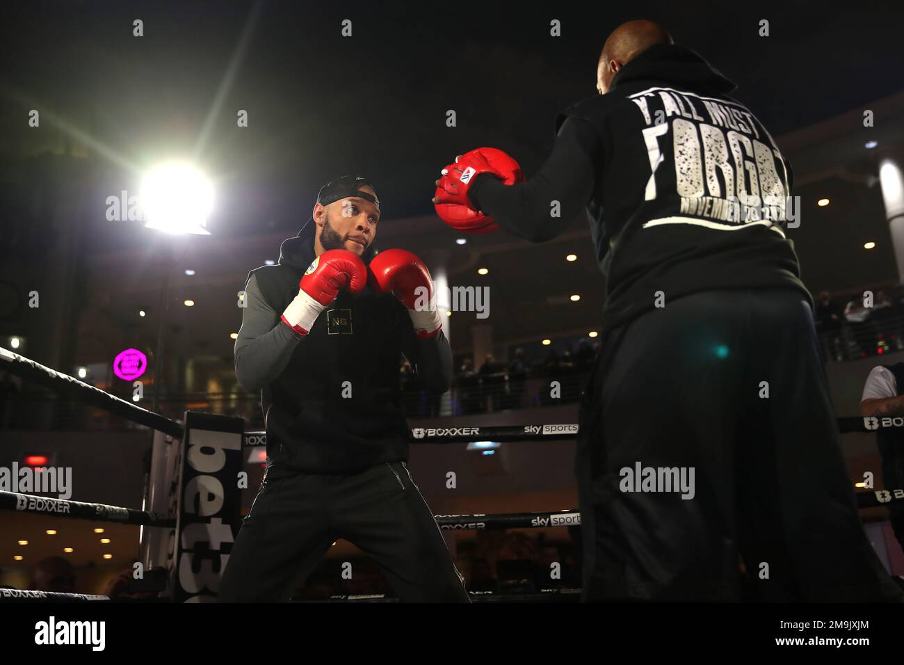 Boxer Chris Eubank Jr. (left) and trainer Roy Jones Jr. during a public ...