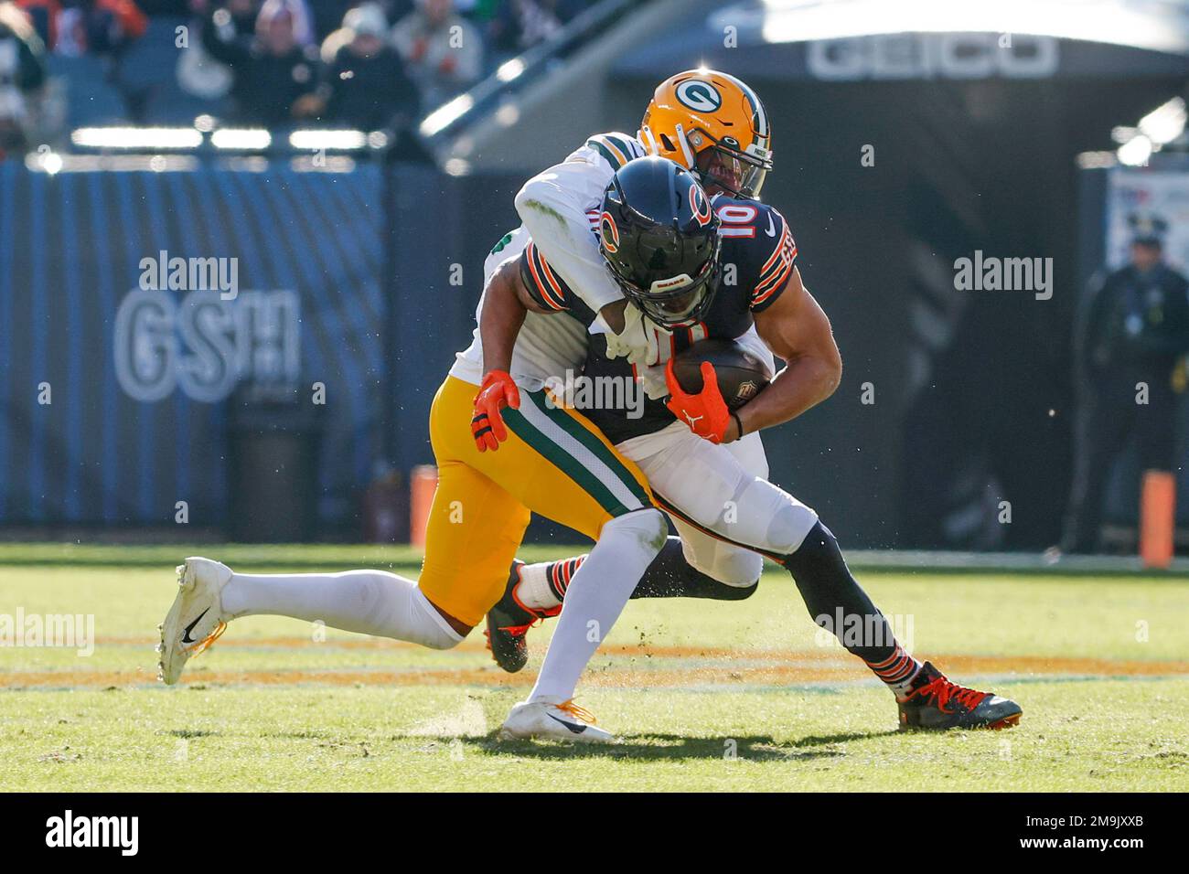 Chicago Bears wide receiver Chase Claypool (10) is tackled by Green Bay ...