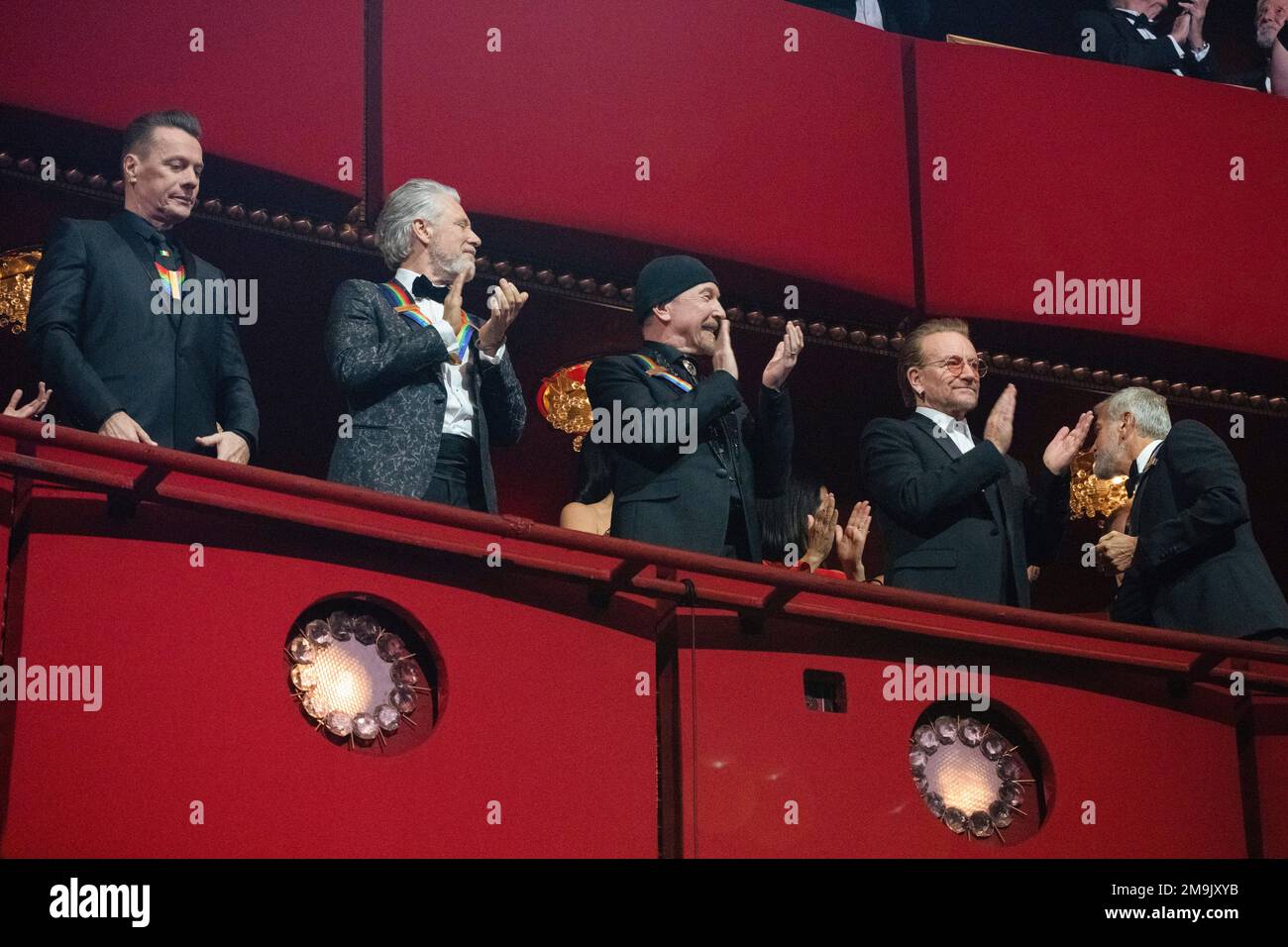 From left, 2022 Kennedy Center Honorees Irish band U2 members Larry Mullen Jr., Adam Clayton ...