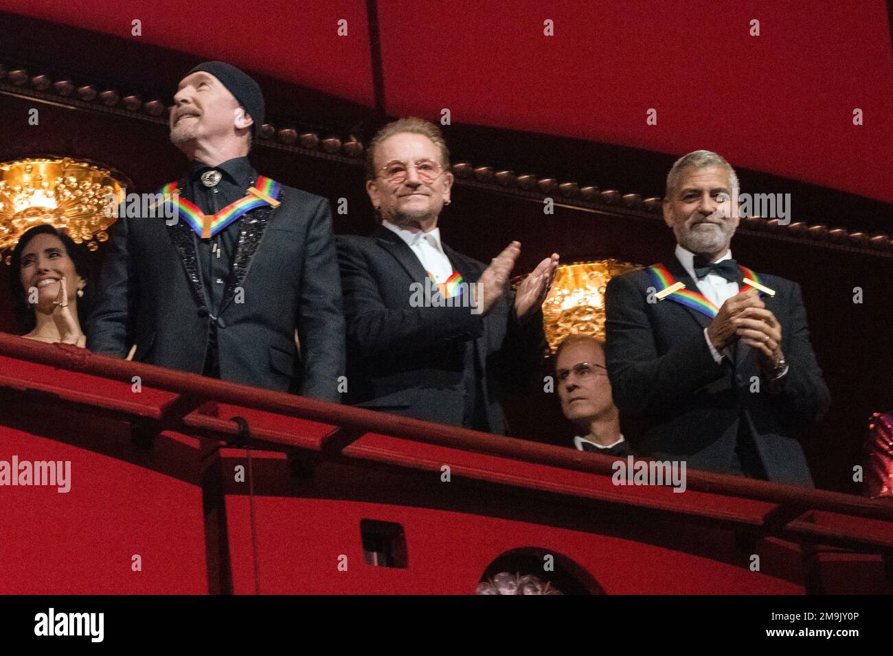 From left, 2022 Kennedy Center Honorees Irish band U2 members The Edge and Bono and George ...