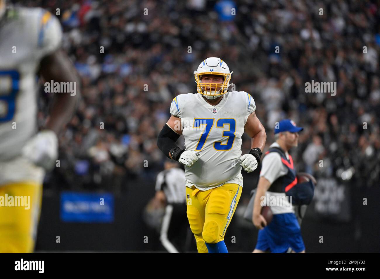 Los Angeles Chargers offensive tackle Foster Sarell (73) runs on the ...