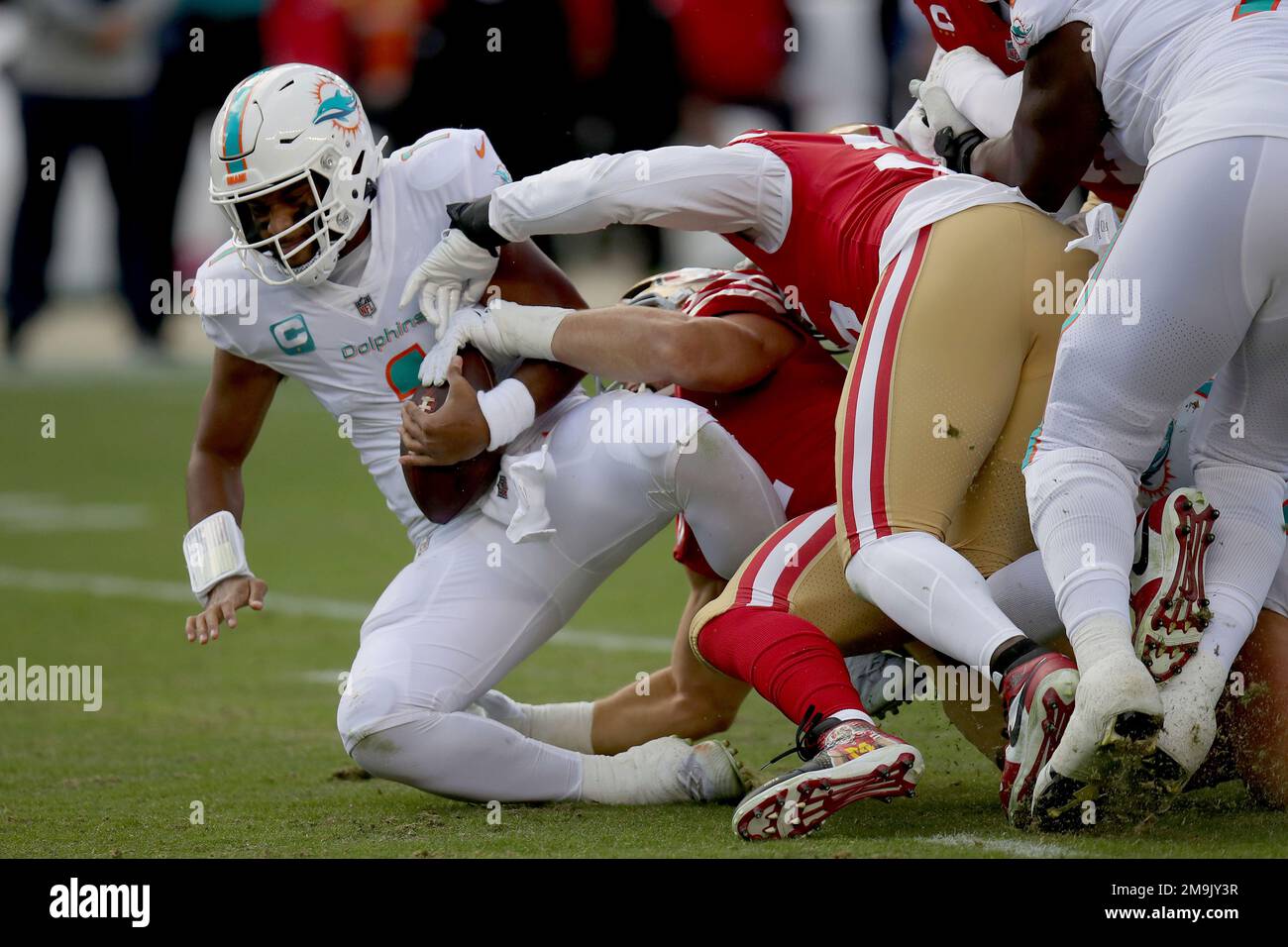 Miami Dolphins quarterback Tua Tagovailoa (1) is sacked during an NFL ...