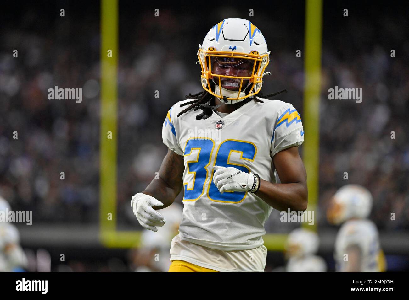 Los Angeles Chargers cornerback Ja'Sir Taylor (36) runs on the field ...