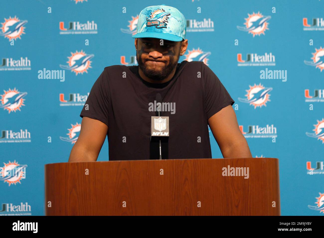 Miami Dolphins quarterback Tua Tagovailoa speaks at a press conference ...