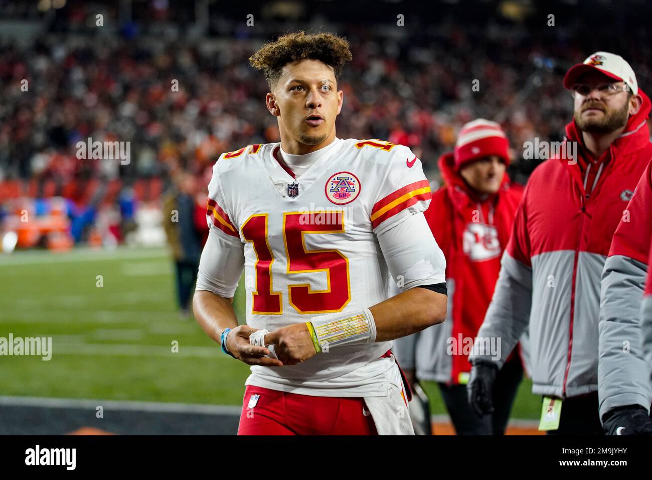 Kansas City Chiefs quarterback Patrick Mahomes (15) leaves the field ...