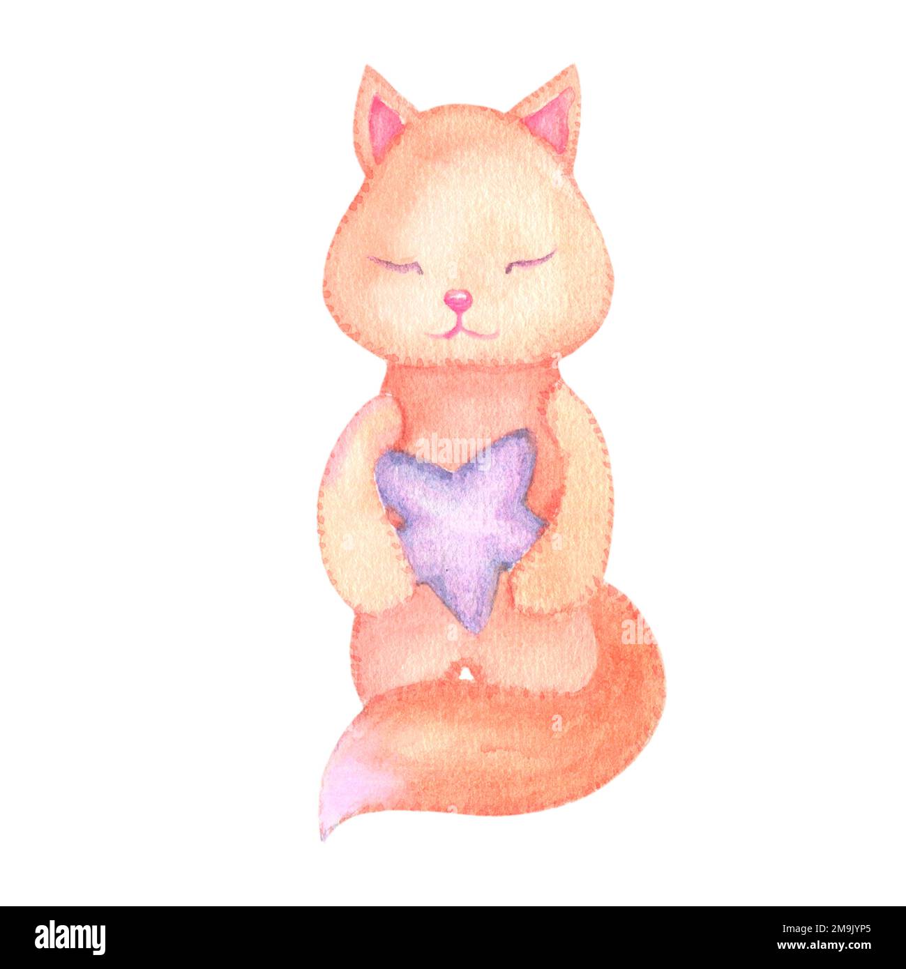 little cartoon sleeping fox with yellow star ball, kids watercolor ...