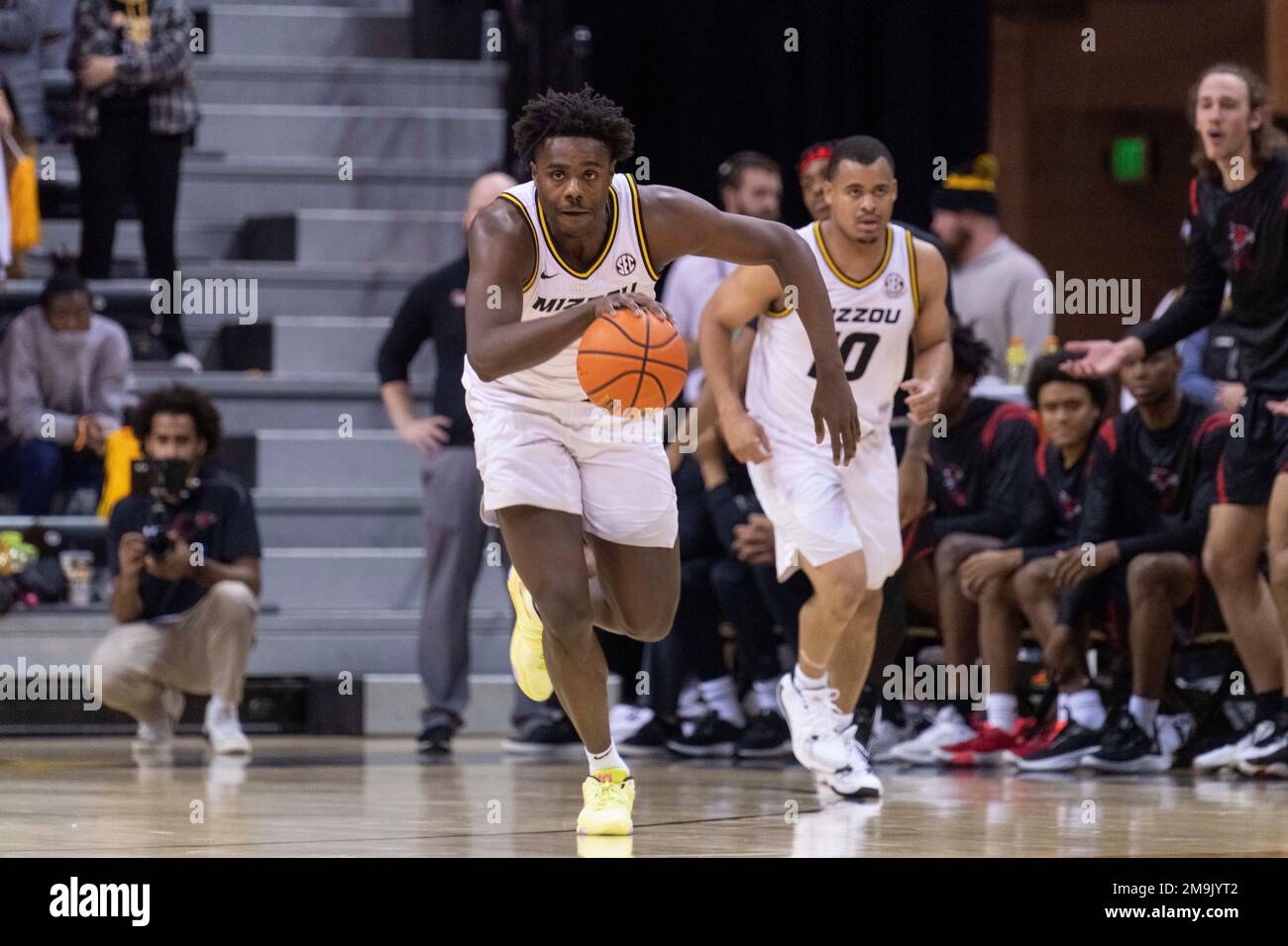 Missouri's Kobe Brown brings the ball up court during the second half of an NCAA college ...