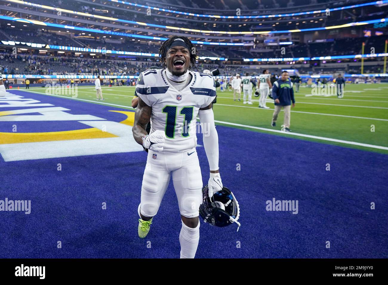 Seattle Seahawks wide receiver Marquise Goodwin celebrates as he leaves ...